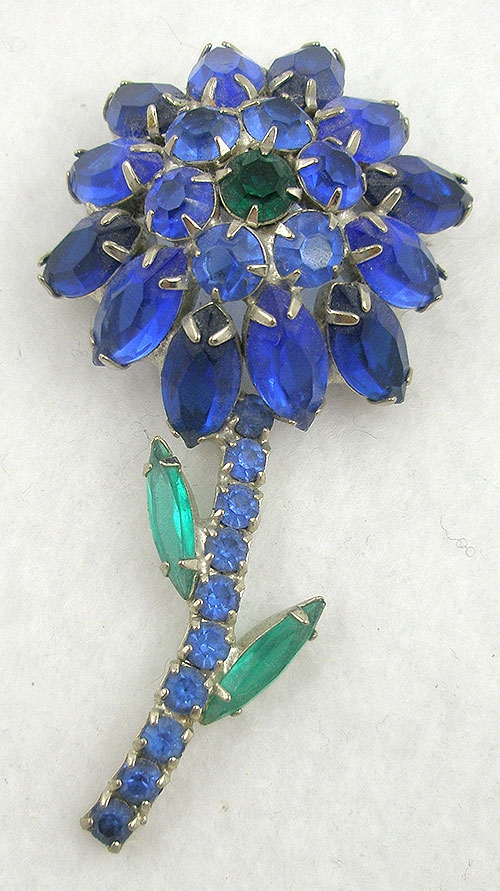 Blue Rhinestone Flower Brooch - Garden Party Collection Vintage Jewelry