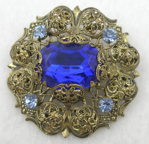 Gilded Filigree Blue Glass Brooch - Garden Party Collection Vintage Jewelry