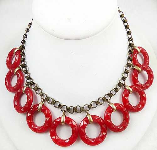 Red Bakelite Rings Necklace - Garden Party Collection Vintage Jewelry