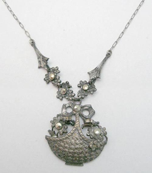Marcasite Flower Basket Necklace - Garden Party Collection Vintage Jewelry