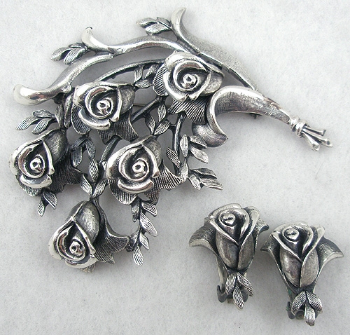 Tortolani Silver Roses Brooch Set - Garden Party Collection Vintage Jewelry