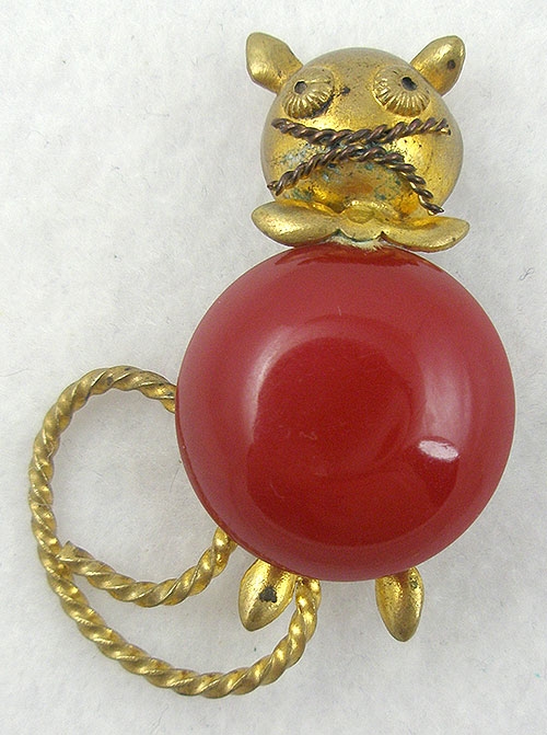 Brass & Red Bakelite Cat Brooch - Garden Party Collection Vintage Jewelry