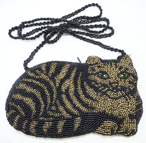 Black and Gold Beaded Cat Purse - Garden Party Collection Vintage Jewelry