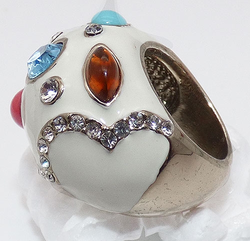 Domed White Enamel Jeweled Ring - Garden Party Collection Vintage Jewelry