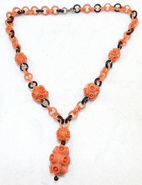 Coral and Black Celluloid Necklace - Garden Party Collection Vintage ...