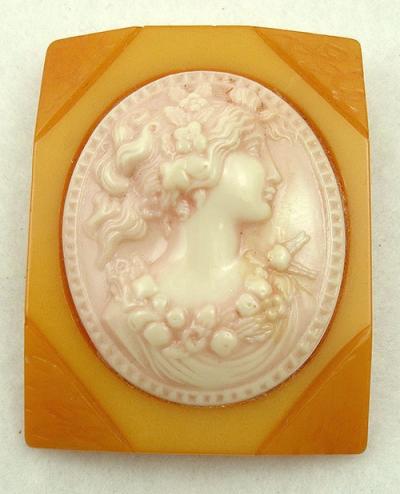 Bakelite & Celluloid Cameo Brooch - Garden Party Collection Vintage Jewelry
